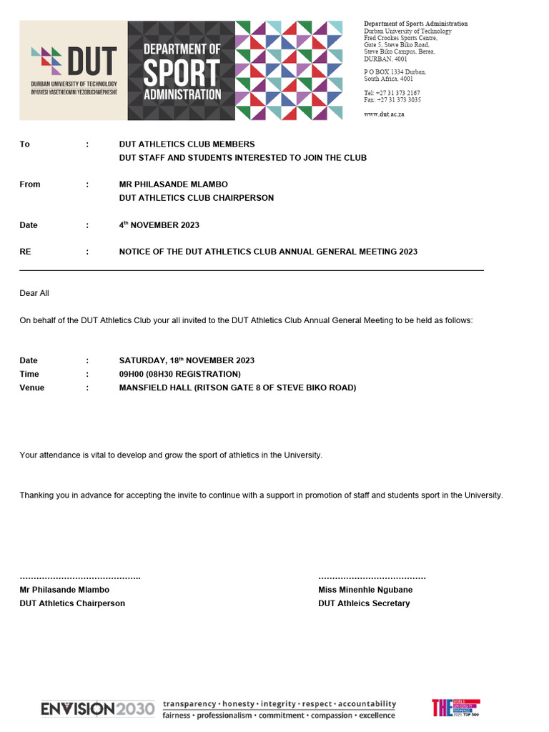 Notice For Dut Athletics Club Anual General Meeting 2023 | PDF