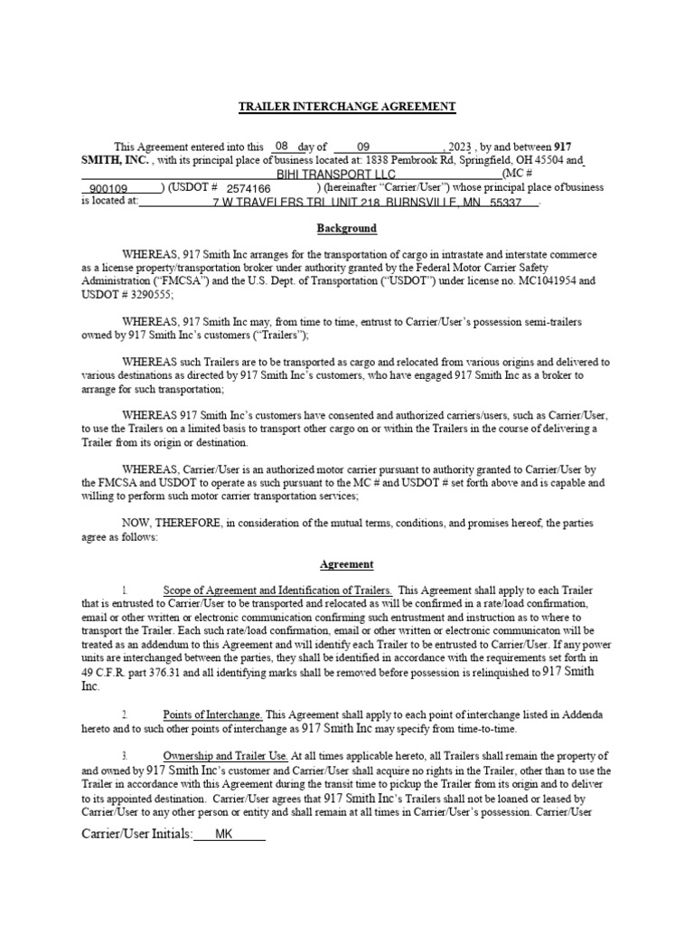 917 Smith Agreement Trailer Interchange | PDF | Indemnity | Insurance