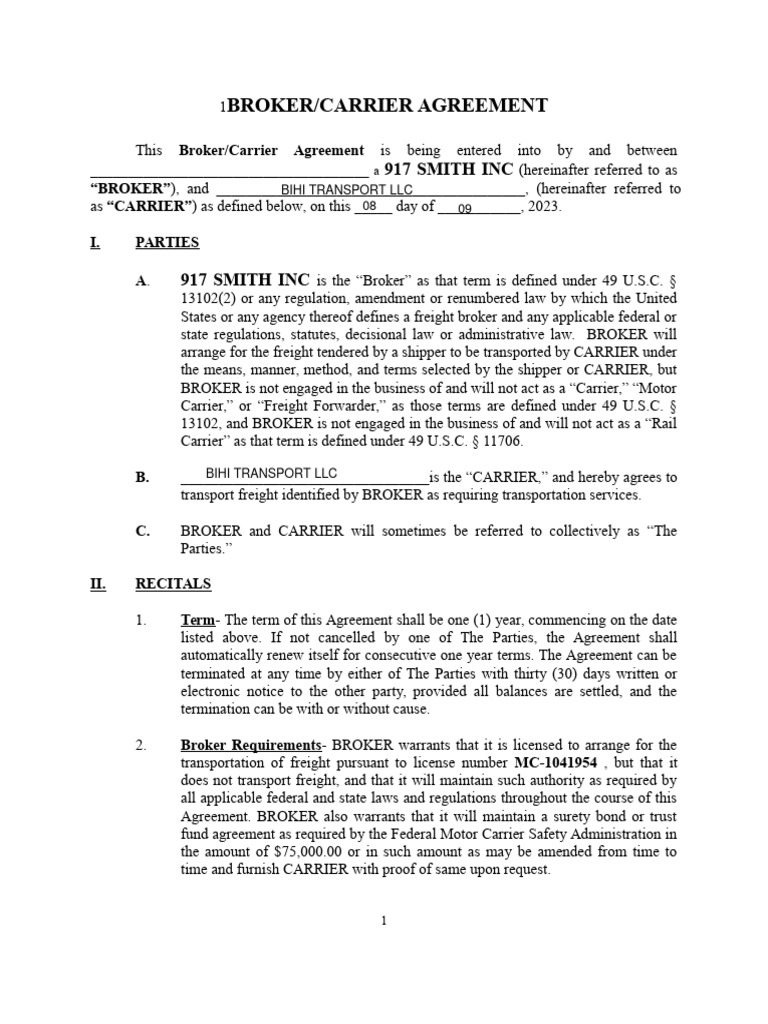 Broker/Carrier Agreement Overview | PDF | Cargo | Indemnity