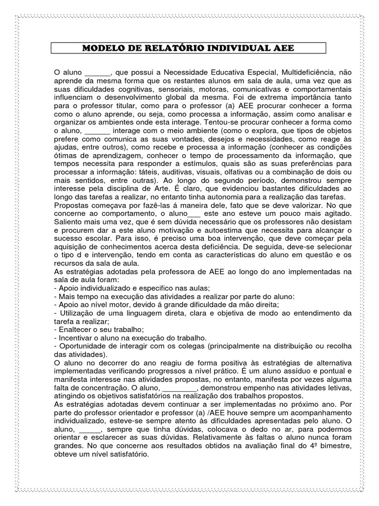 Modelo de Relatório Individual Aee | PDF | Aprendizado | Conceitos psicológicos