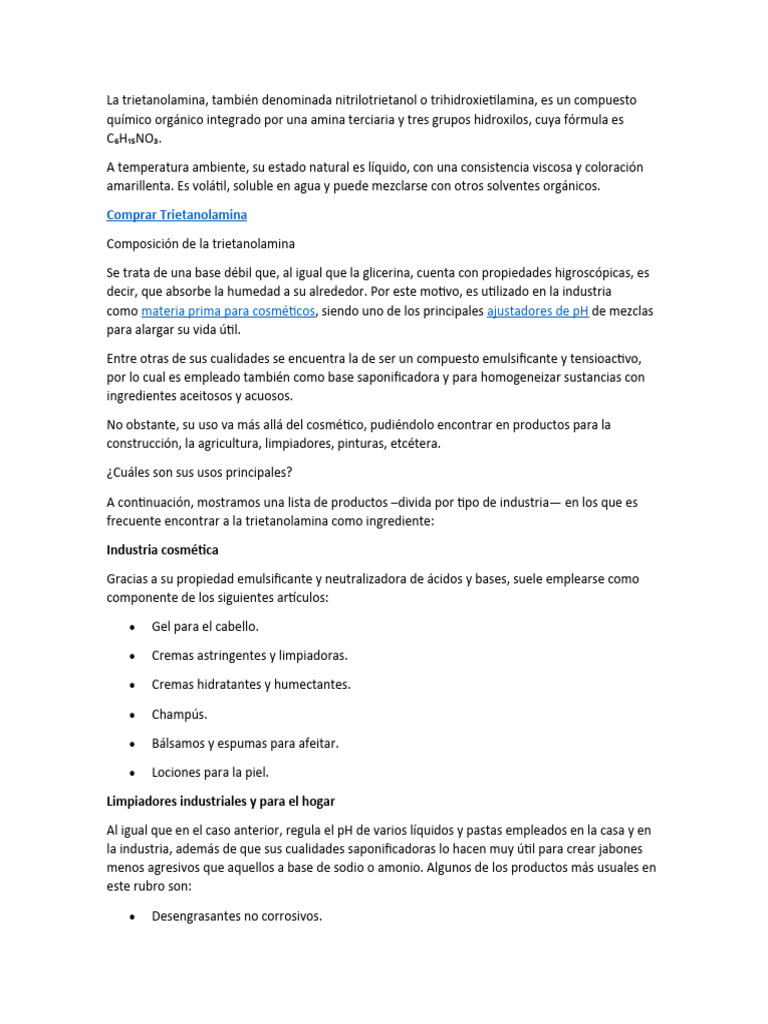 Usos y propiedades de la trietanolamina | PDF | Ácido | Tensioactivo