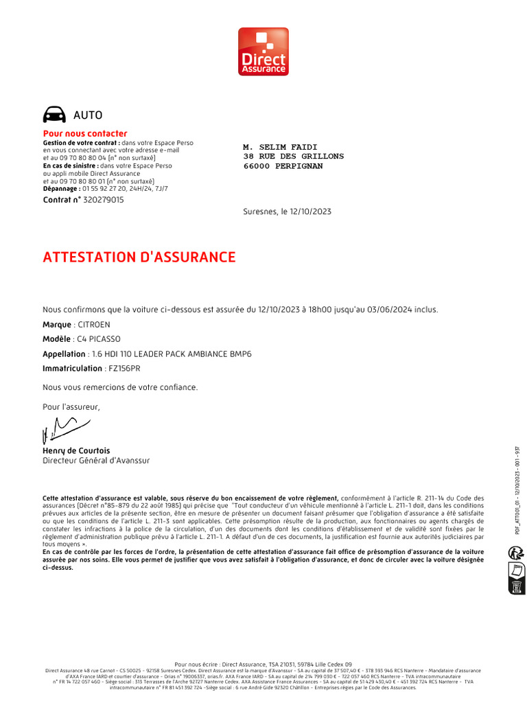Attestation d'assurance voiture 2023 | PDF | Assurance | Services ...