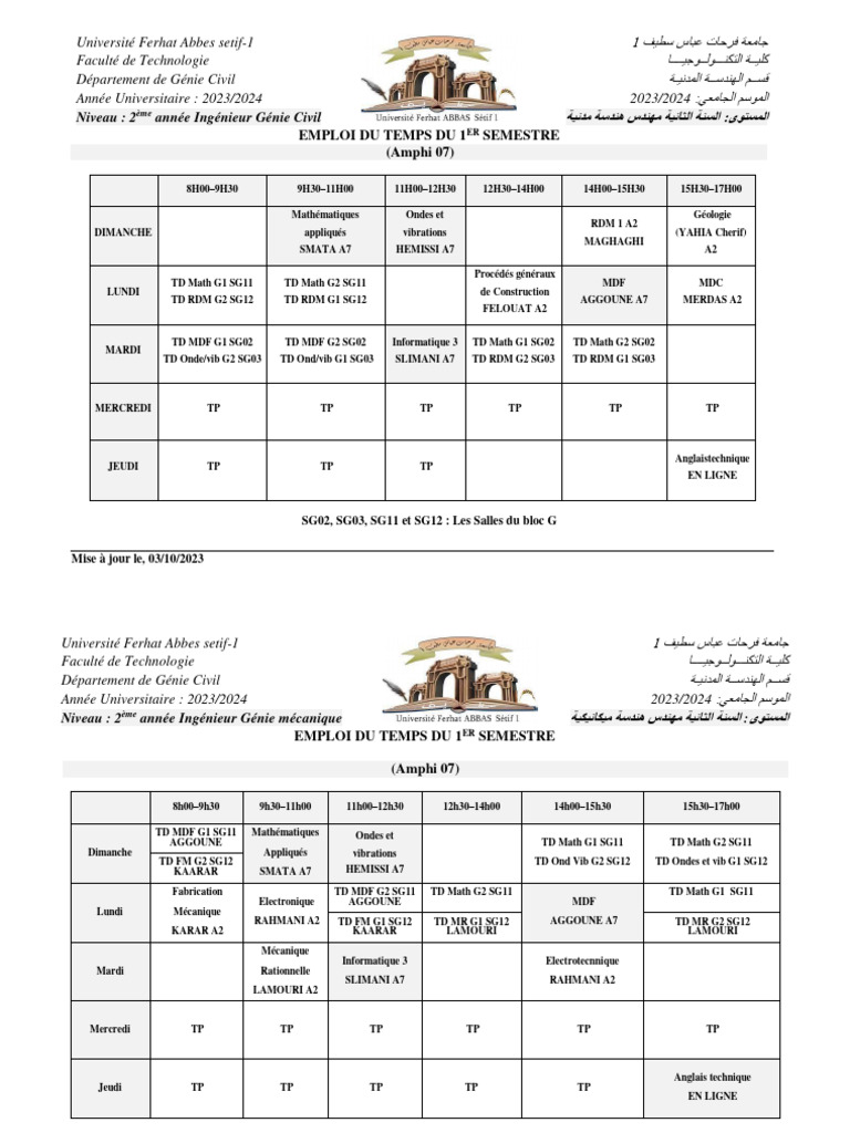 GC Emploi Temps S1 Maj 2023 2024 | PDF | Sciences physiques | Ingénierie