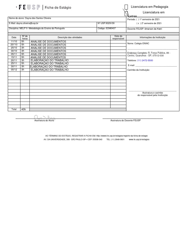 Ficha de Estágio MELP II - EMERSON - ANÁLISE DE DOCUMENTOS | PDF