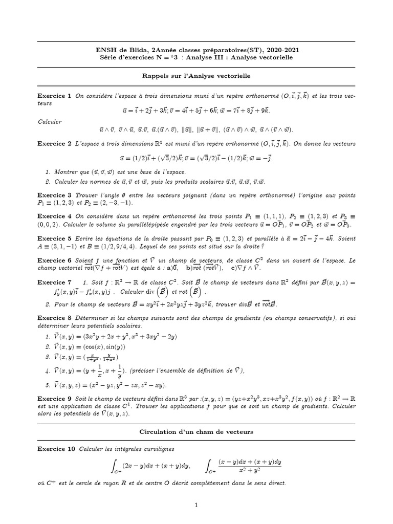 Exercices Corrigés d'Analyse Vectorielle | PDF | Base (algèbre linéaire ...