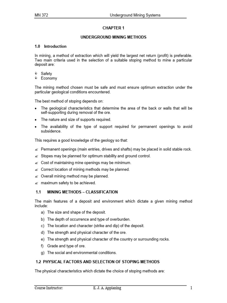 Underground Mining Systems Handout | PDF | Mining | Heavy Industry