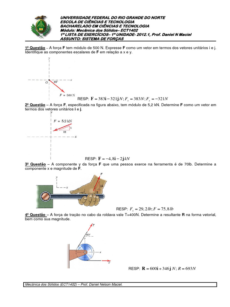 LISTA EXERCÍCIOS SISTEMA DE FORÇAS | PDF | Vetor euclidiano | Força
