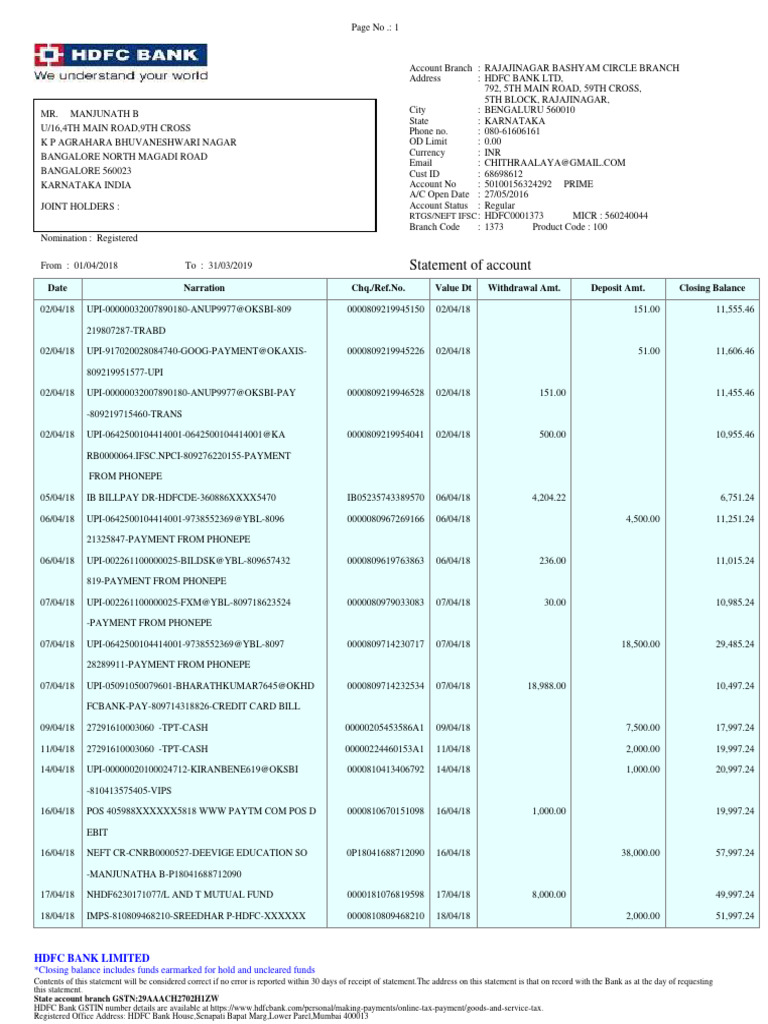 HDFC Statement Sample | PDF | Services (Economics) | Payments