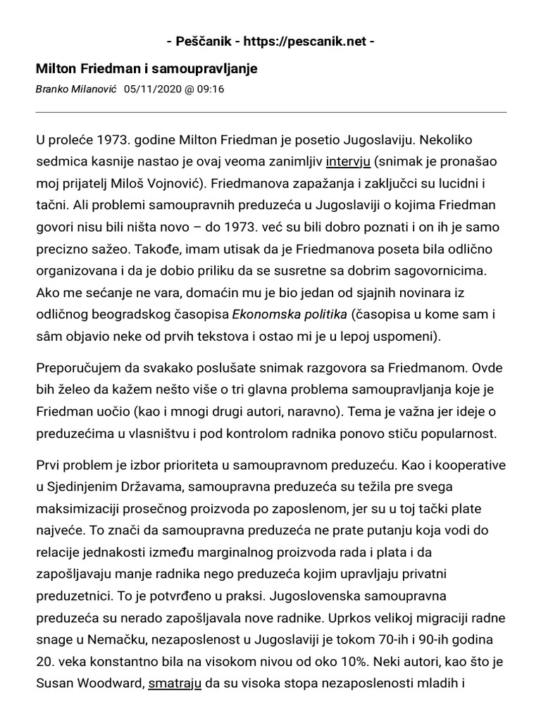Peščanik Milton Friedman I Samoupravljanje - Branko Milanović - Peščanik | PDF