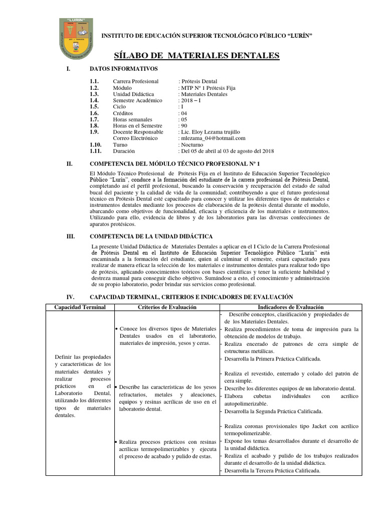 SILABO de Materiales Dentales | PDF | Dentadura postiza | Laboratorios