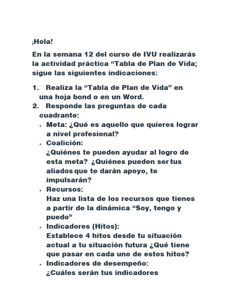 Tabla de Plan de Vida IVU: Guía Práctica | PDF