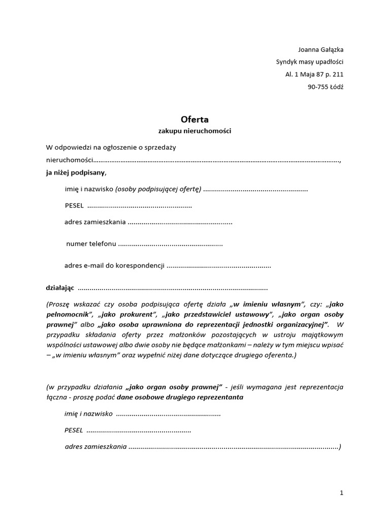 Wzor Oferty Zakupu Nieruchomosci Kl0xlnak | PDF