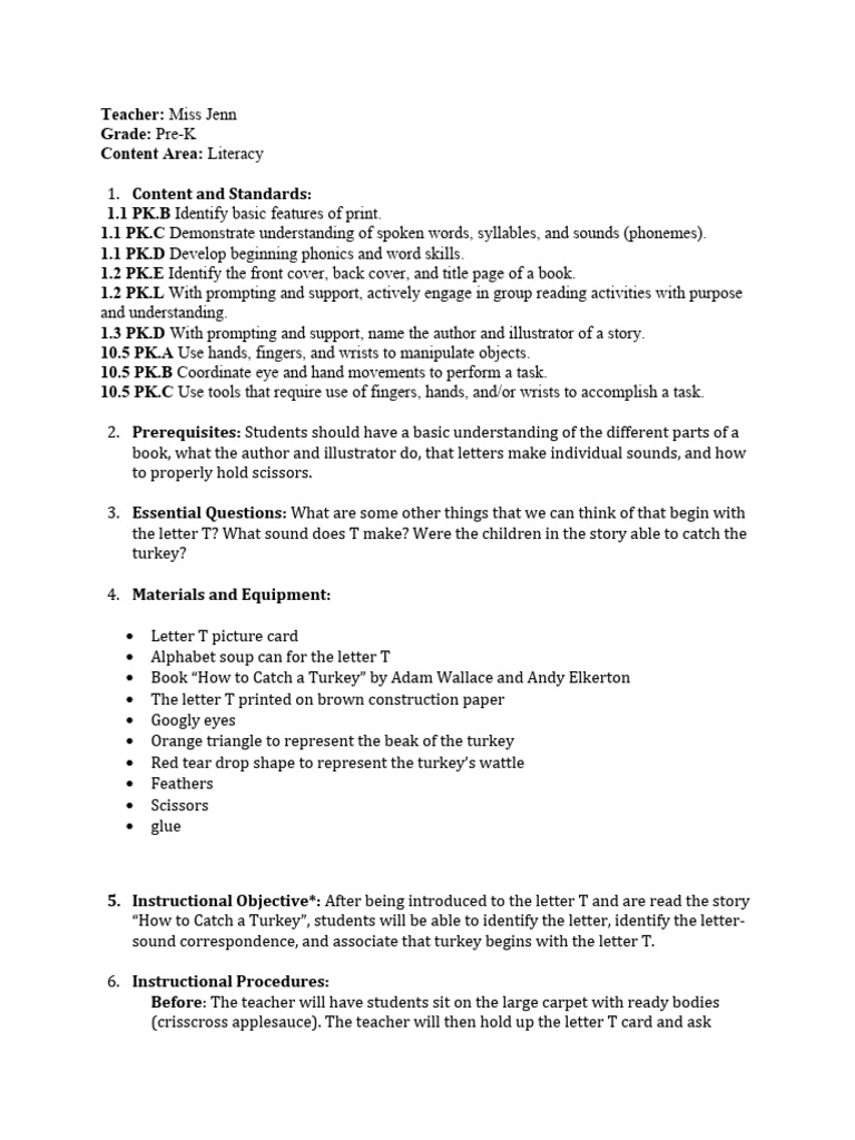 Jenn T Is For Turkey Lesson Plan | PDF | Communication | Learning