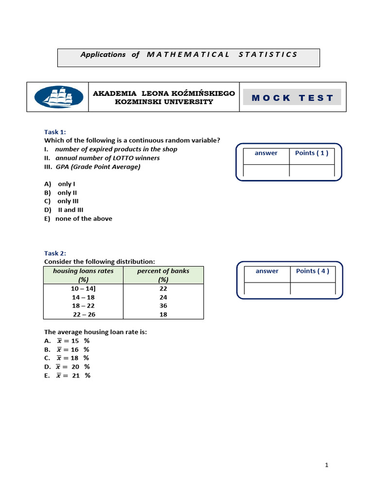 Applications of Math. Stat. - Test - Example - 2023 - 2024 Solutions ...