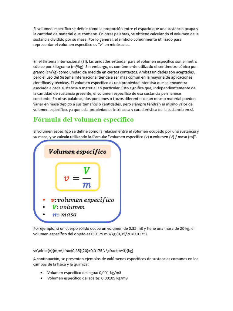 Definición y Cálculo del Volumen Específico | PDF | Masa | Volumen