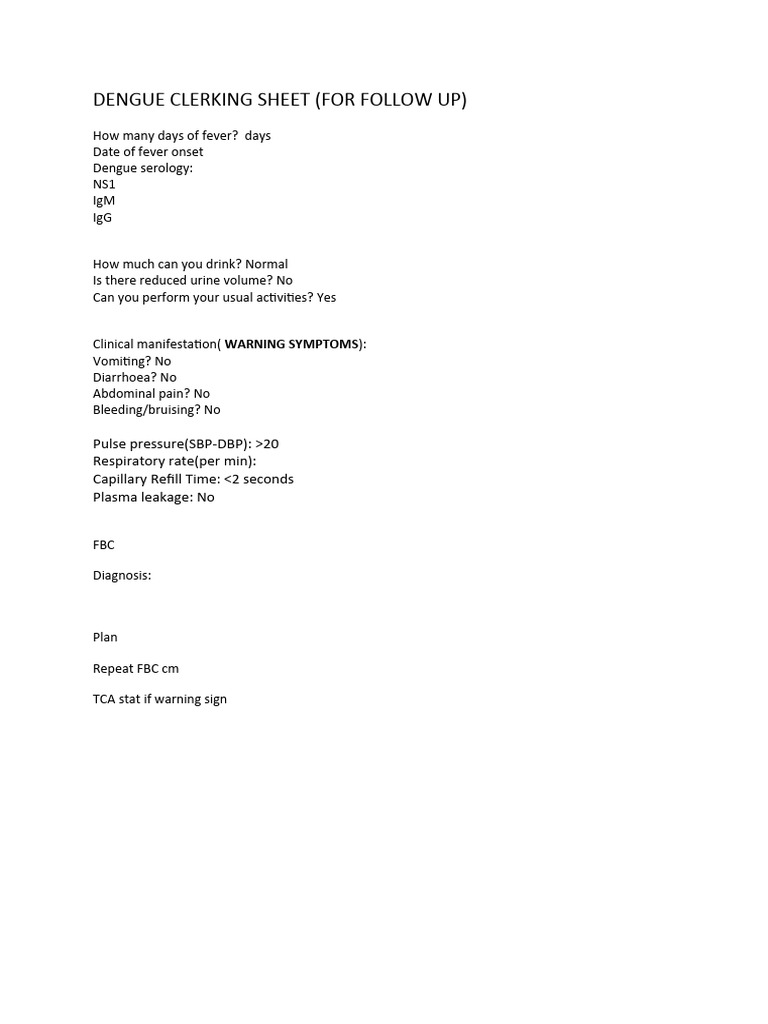 Dengue Clerking Sheet - For Follow Up | PDF