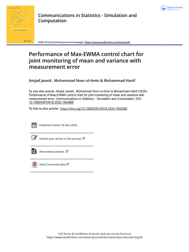 Performance of Max-EWMA Control Chart For Joint Monitoring of Mean and Variance With Measurement ...