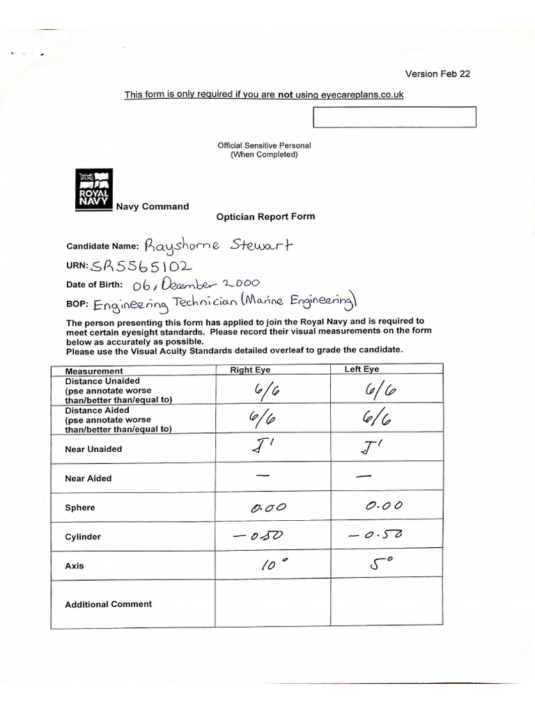 Form 1 Opticians Report Completed | PDF