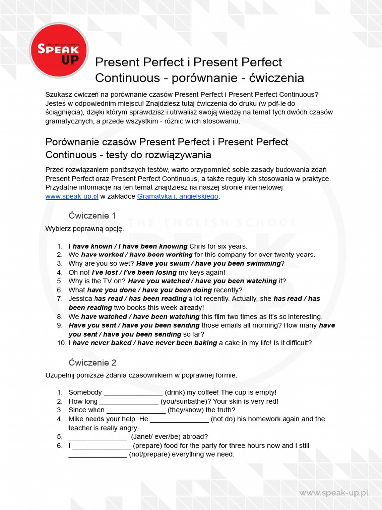 cwiczenia-present-perfect-i-present-perfect-continuous-porownanie | PDF