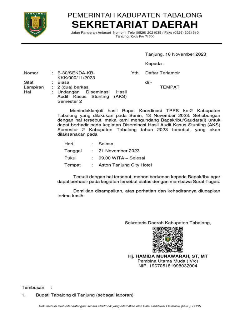 Surat Undangan Diseminasi AKS Semester 2 Kab. Tabalong Tahun 2023 - Signed by Sekda Tabalong | PDF