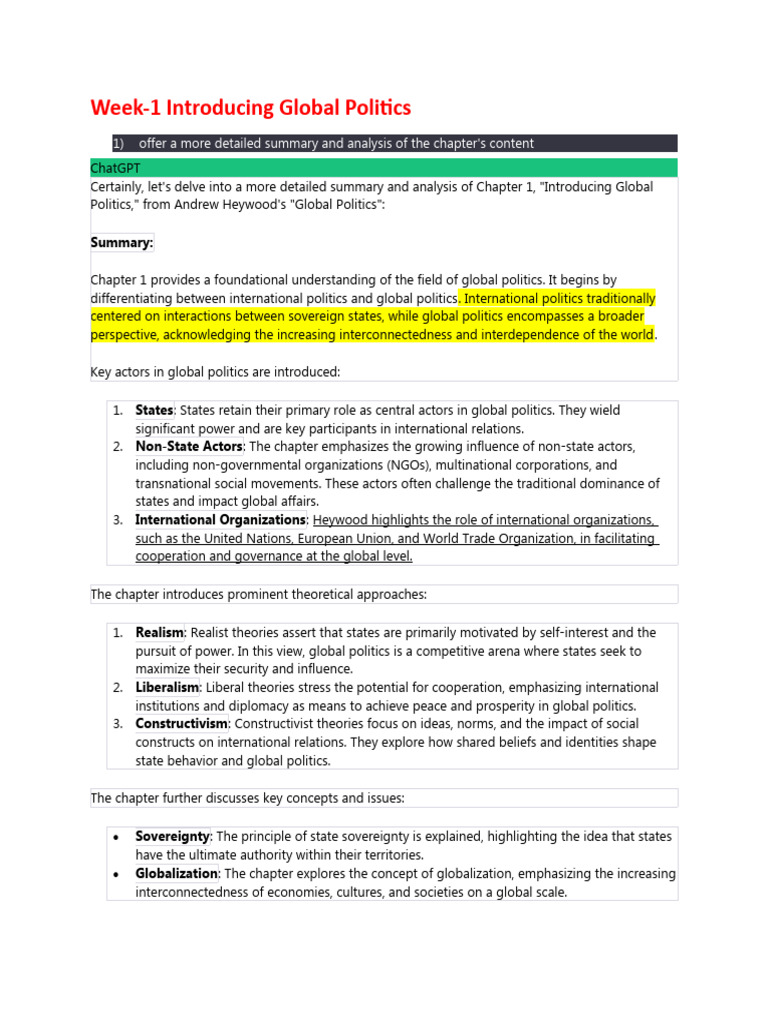 Week-1 Summary Introducing Global Politics (ChatGPT) | PDF | International Relations | Globalization