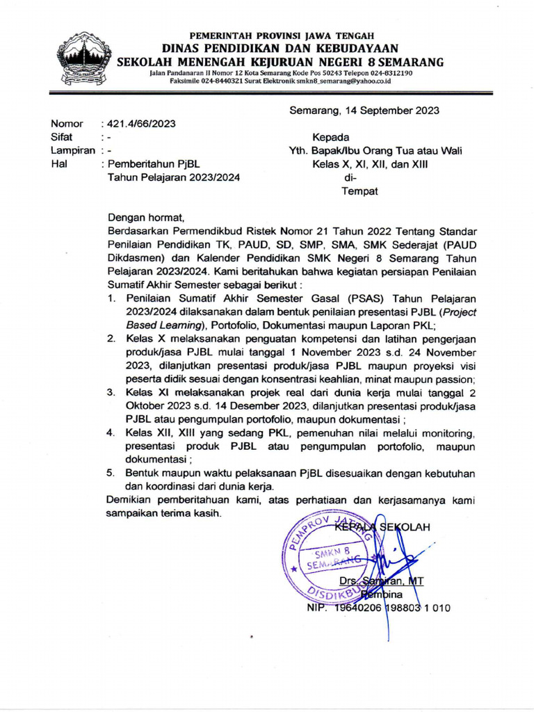 Pemberitahuan PJBL 2023-2024 | PDF