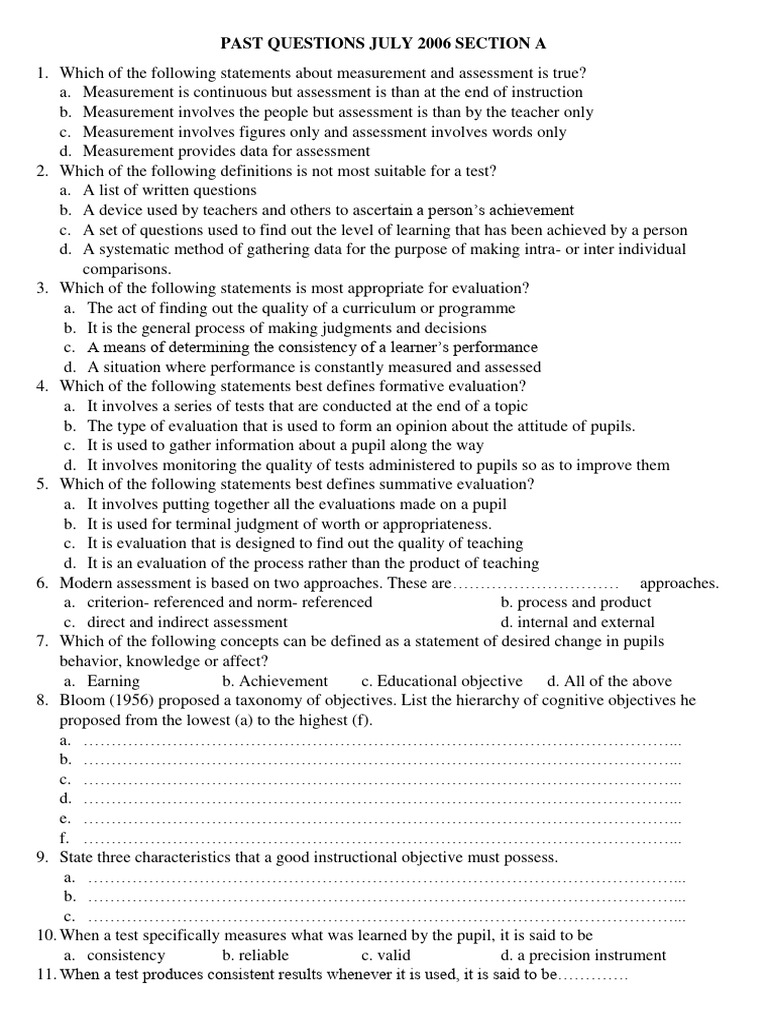 Measurement and Assessment Past Questions | PDF | Educational ...