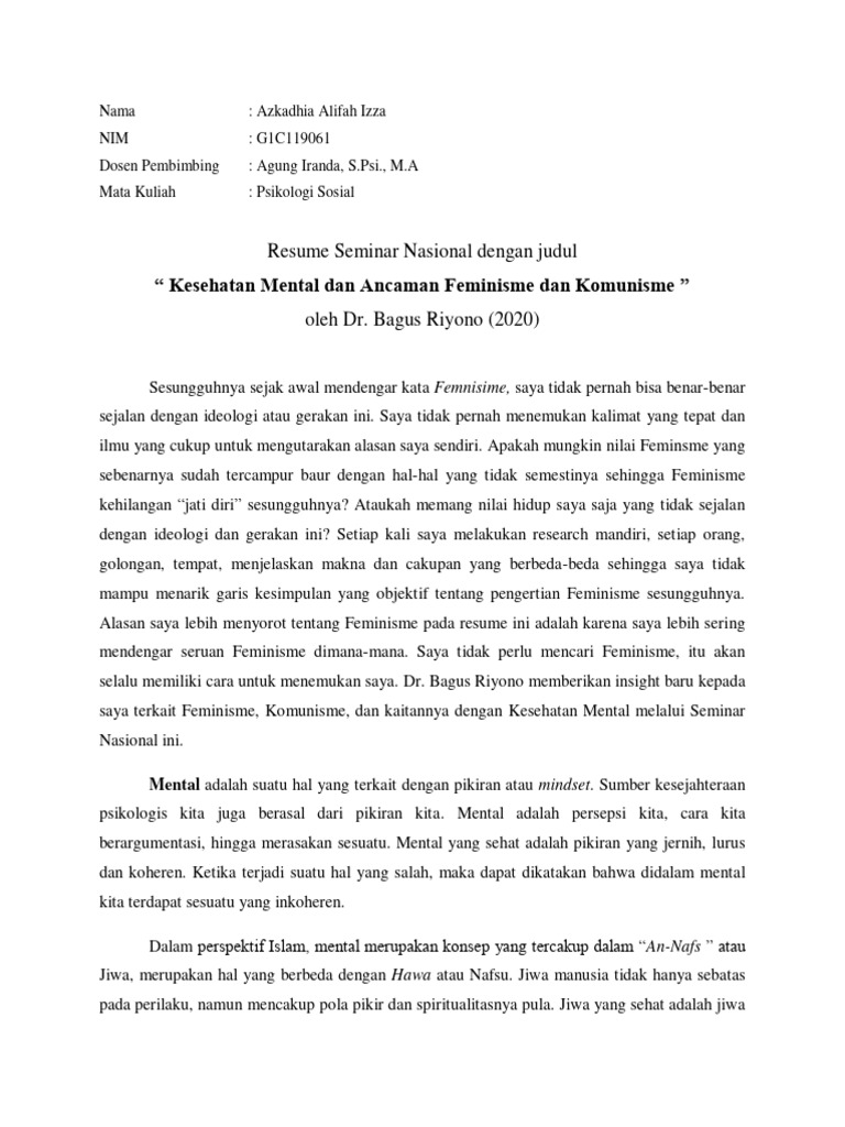 Resume Materi Seminar Nasional "Kesehatan Mental Dan Ancaman Feminisme ...