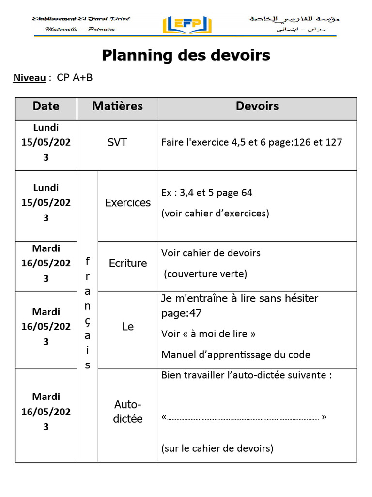 Planning Des Devoirs | PDF