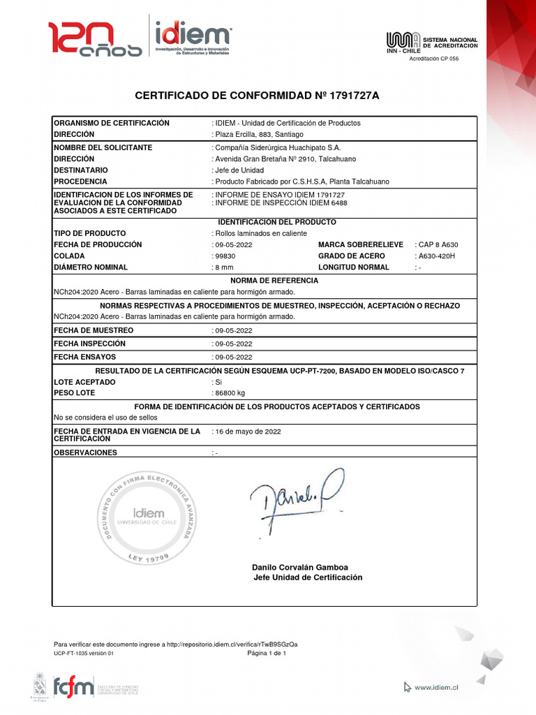 Certificado de Conformidad #1791727A | Descargar gratis PDF | Acero