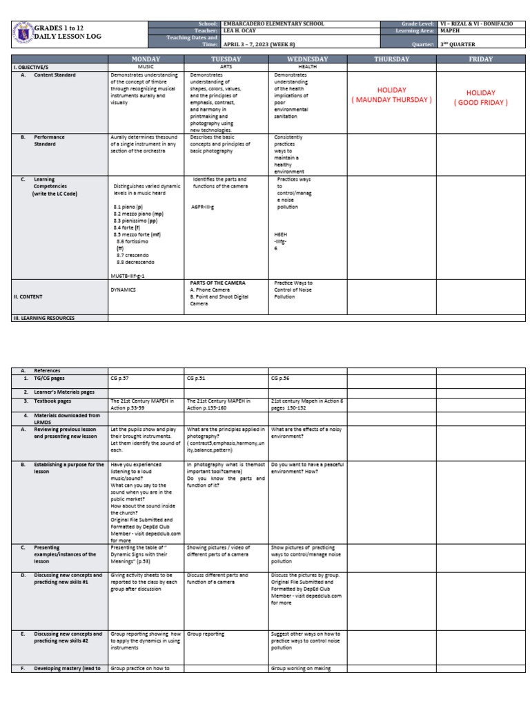 DLL - Mapeh 6 - Q3 - W8 | PDF | Learning | Sound