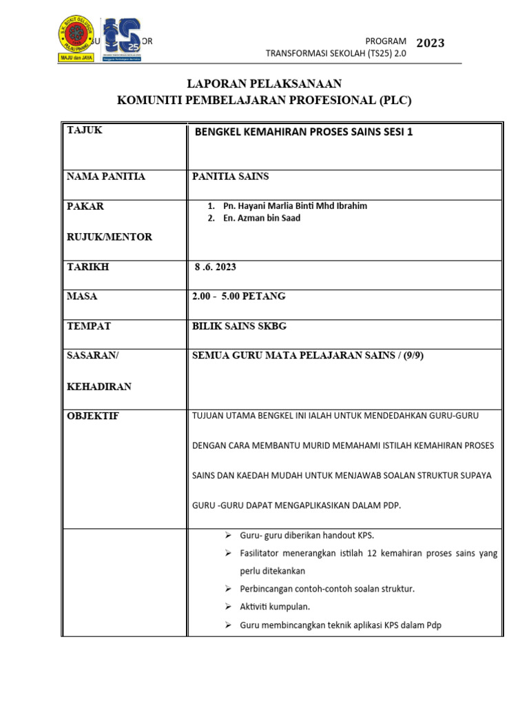 Pelaporan Pelaksanaan PLC Panitia KPS 1 2023 | PDF