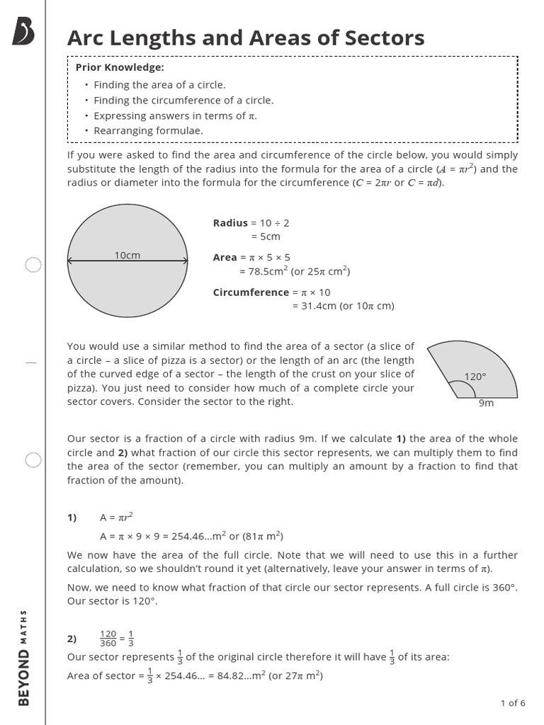Arc Lengths and Areas of Sectors (Print) | PDF | Area | Circle