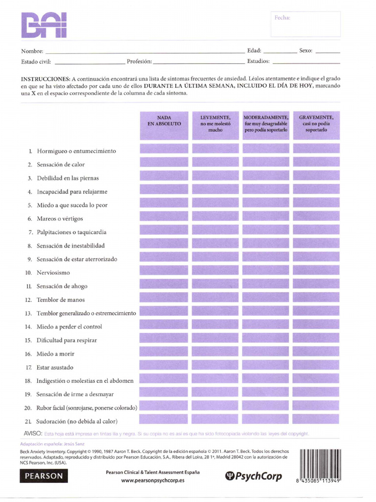 Escala de Ansiedad de Beck | PDF