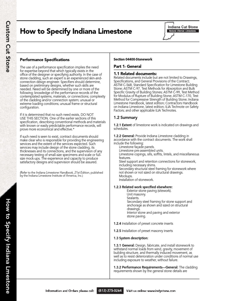 Indiana Limestone Specification Guide | PDF | Structural Load | Adhesive