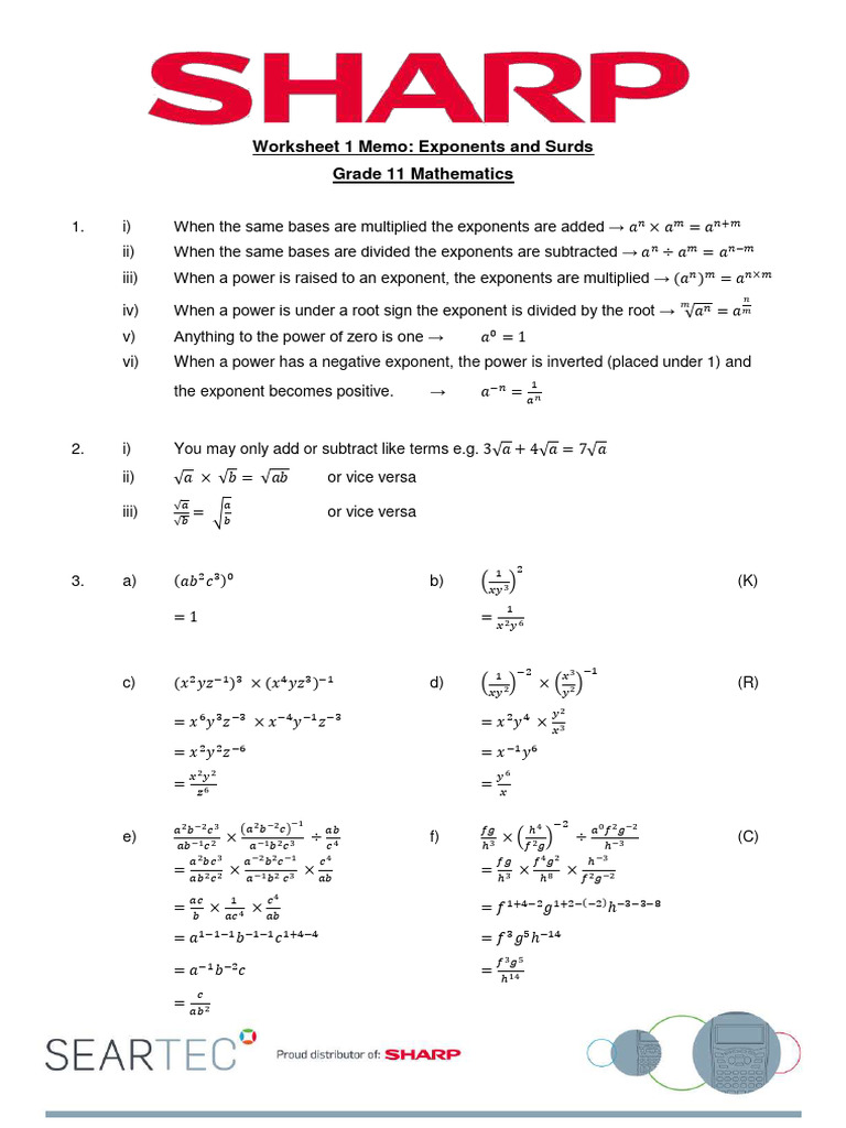 Worksheet 1 Memorandum Exponents and Surds Grade 11 Mathematics | PDF ...