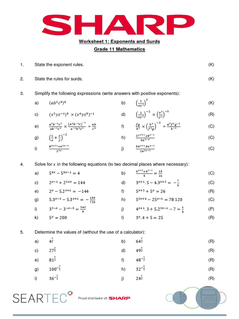 Grade 11 Exponents & Surds Worksheet | PDF | Arithmetic | Numbers