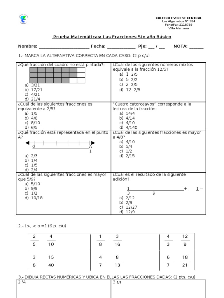 Prueba de fracciones 5to básico