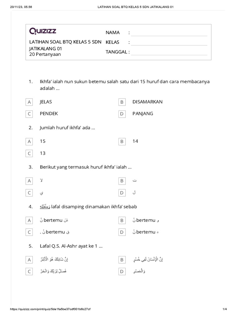 Latihan Soal BTQ Kelas 5 SDN Jatikalang 01 | PDF