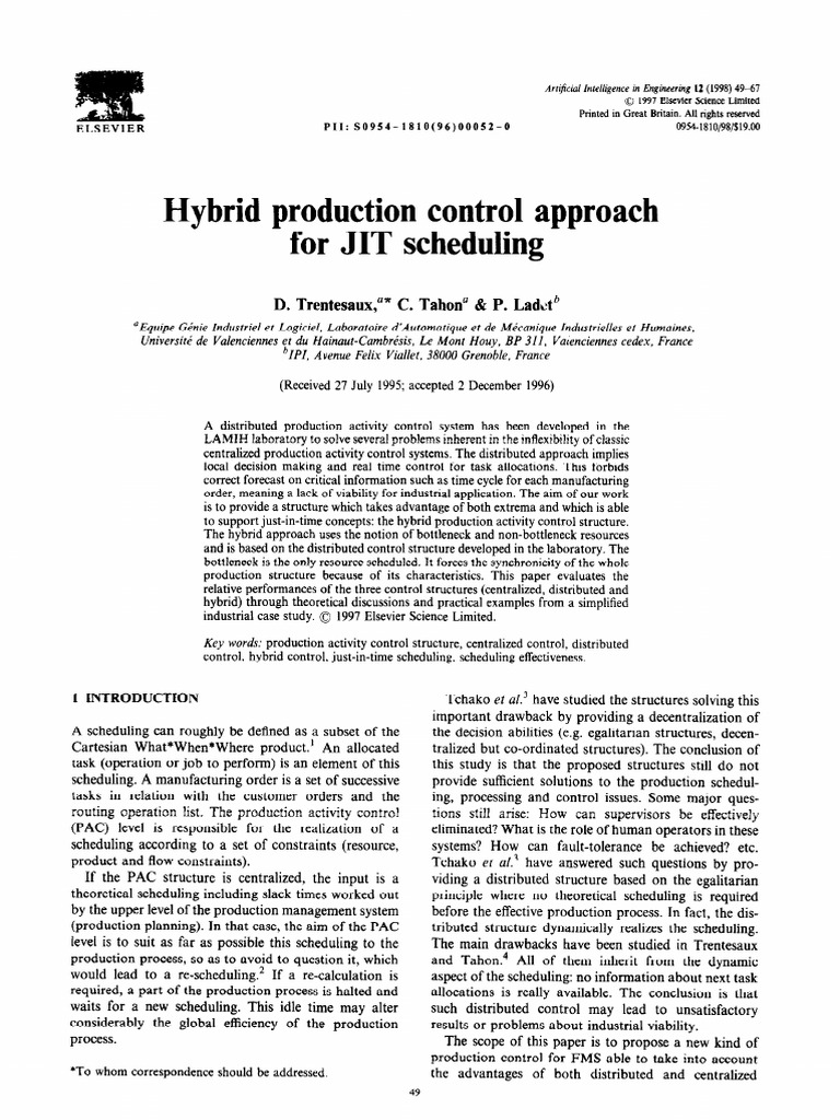 Hybrid Production Control Approach For JIT Scheduling | PDF ...