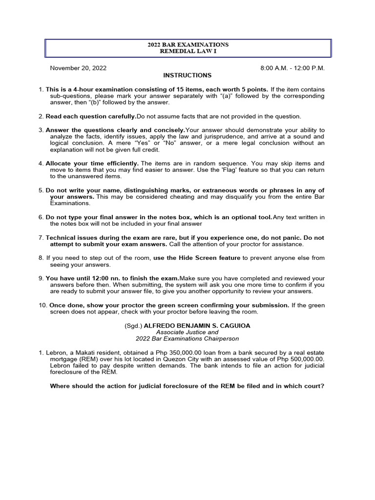 2022 Bar Exam Questions On Remedial Law 1 | PDF | Plea | Lawsuit