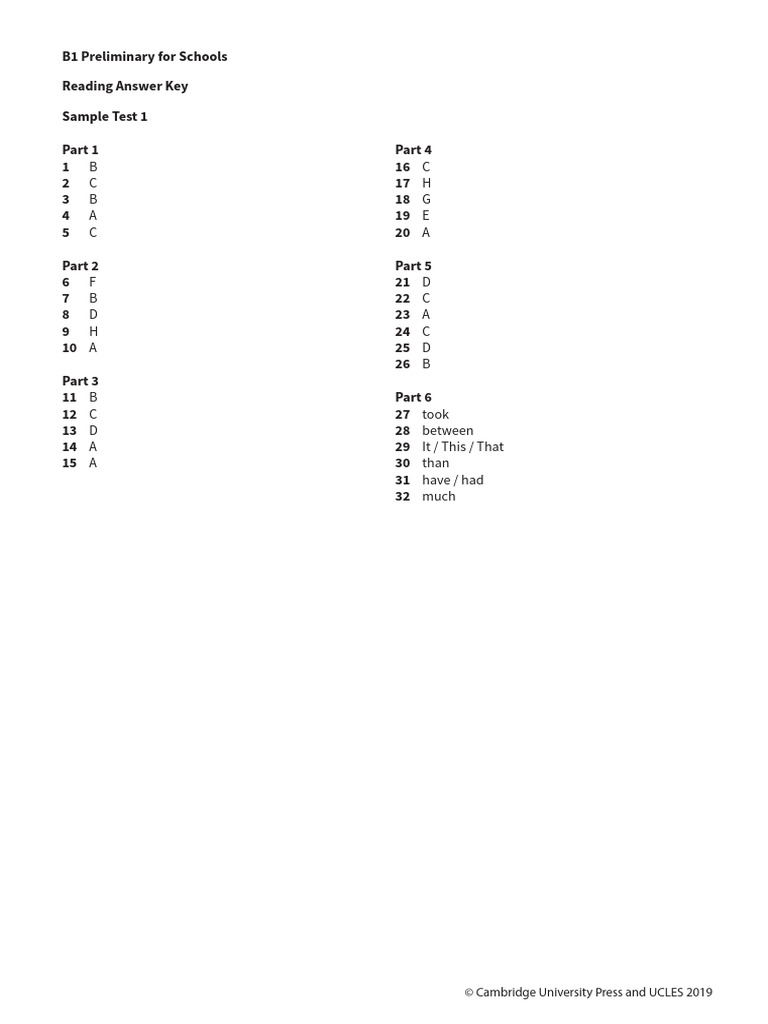 B1 Preliminary Reading Answer Key | PDF