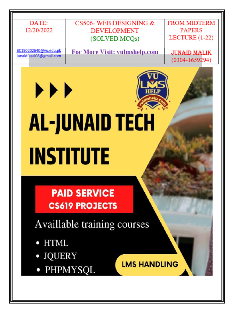 CS506 MIDTERM SOLVED MCQS by JUNAID | PDF | Class (Computer Programming) | Method (Computer ...