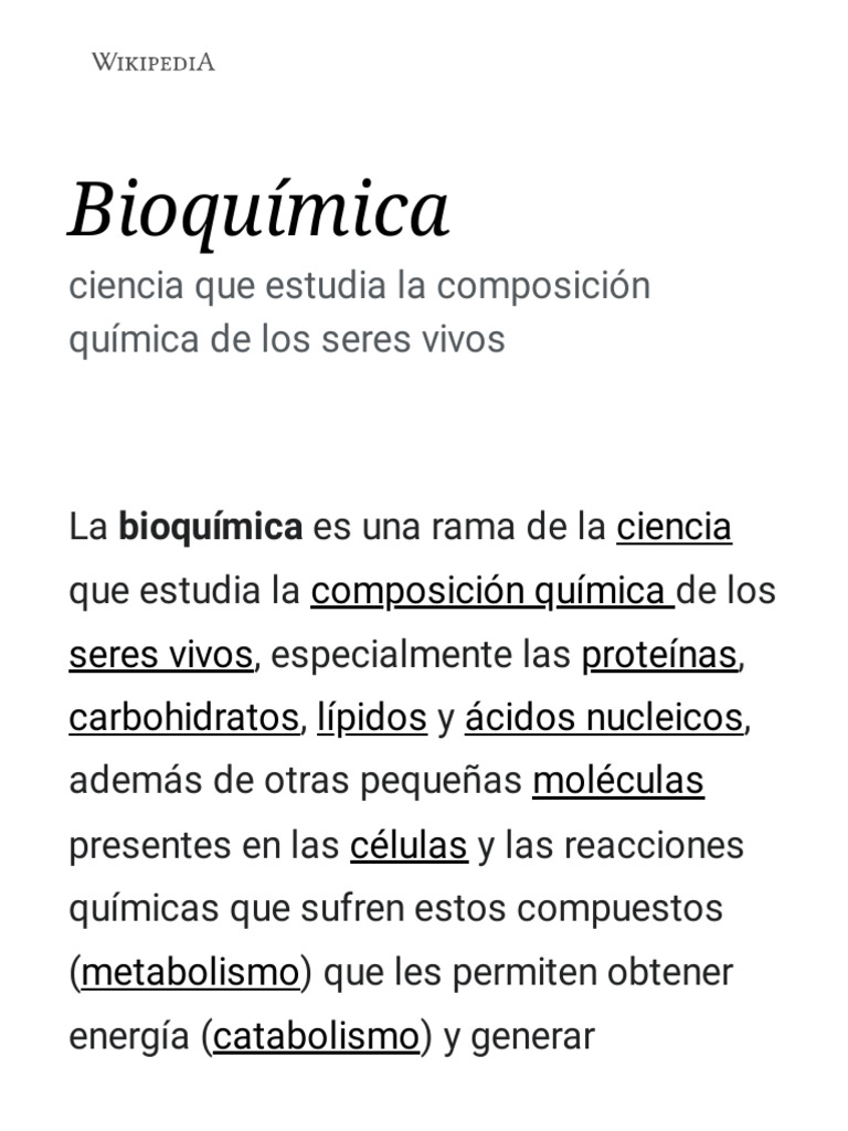 Bioquímica - Wikipedia, La Enciclopedia Libre | PDF | Bioquímica | Química