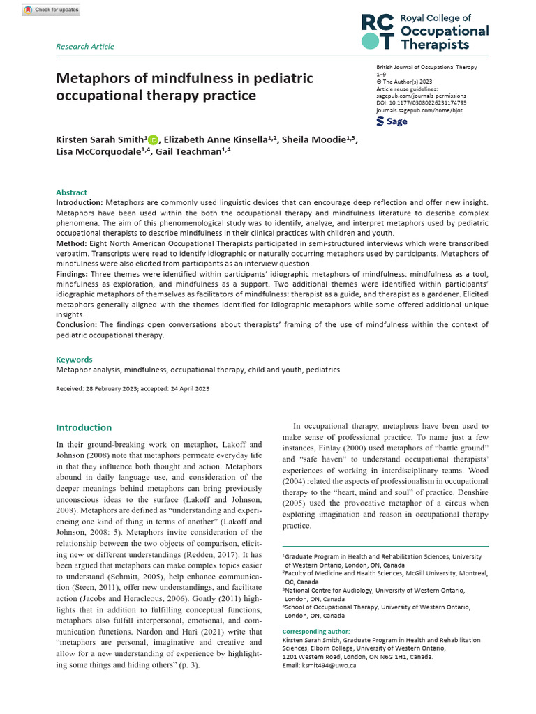Smith Et Al 2023 Metaphors of Mindfulness in Pediatric Occupational Therapy Practice | PDF ...