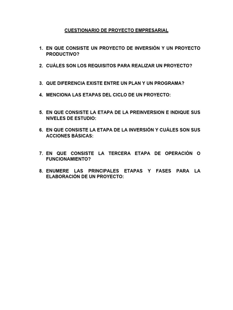 Cuestionario sobre Proyectos Empresariales | PDF