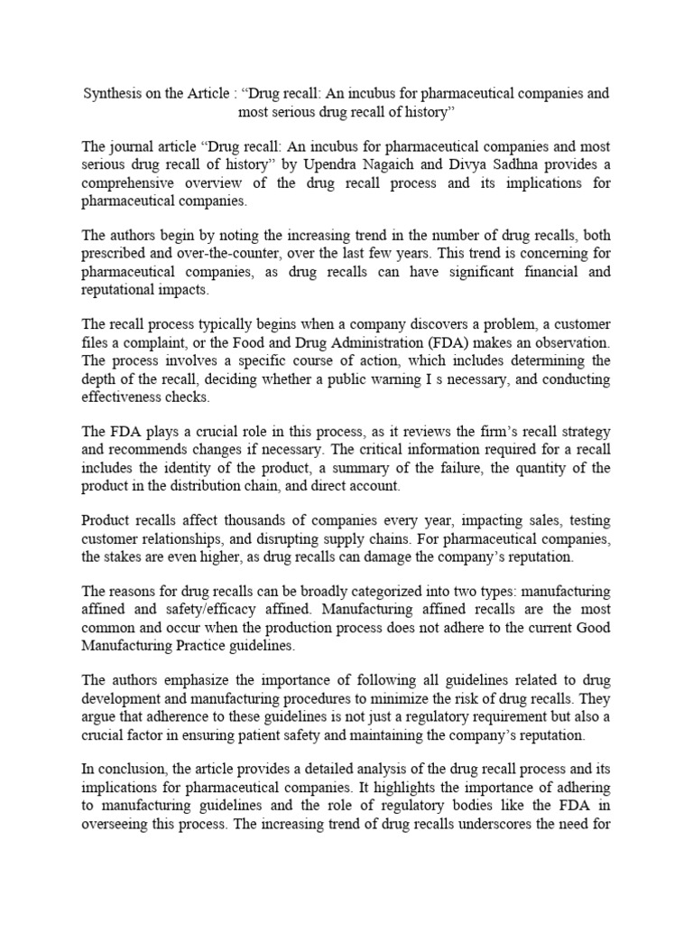 Synthesis On Drug Recall: An Incubus For Pharmaceutical Companies and ...