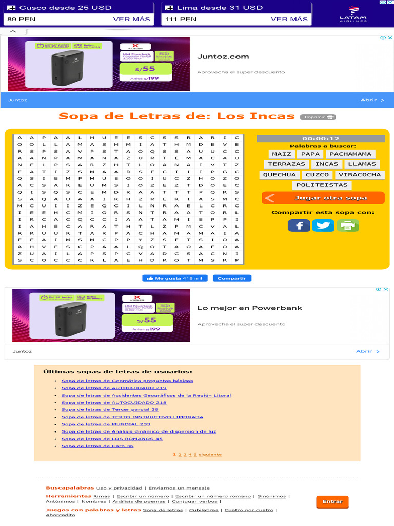 Jugar sopas de letras de Los Incas en línea | PDF
