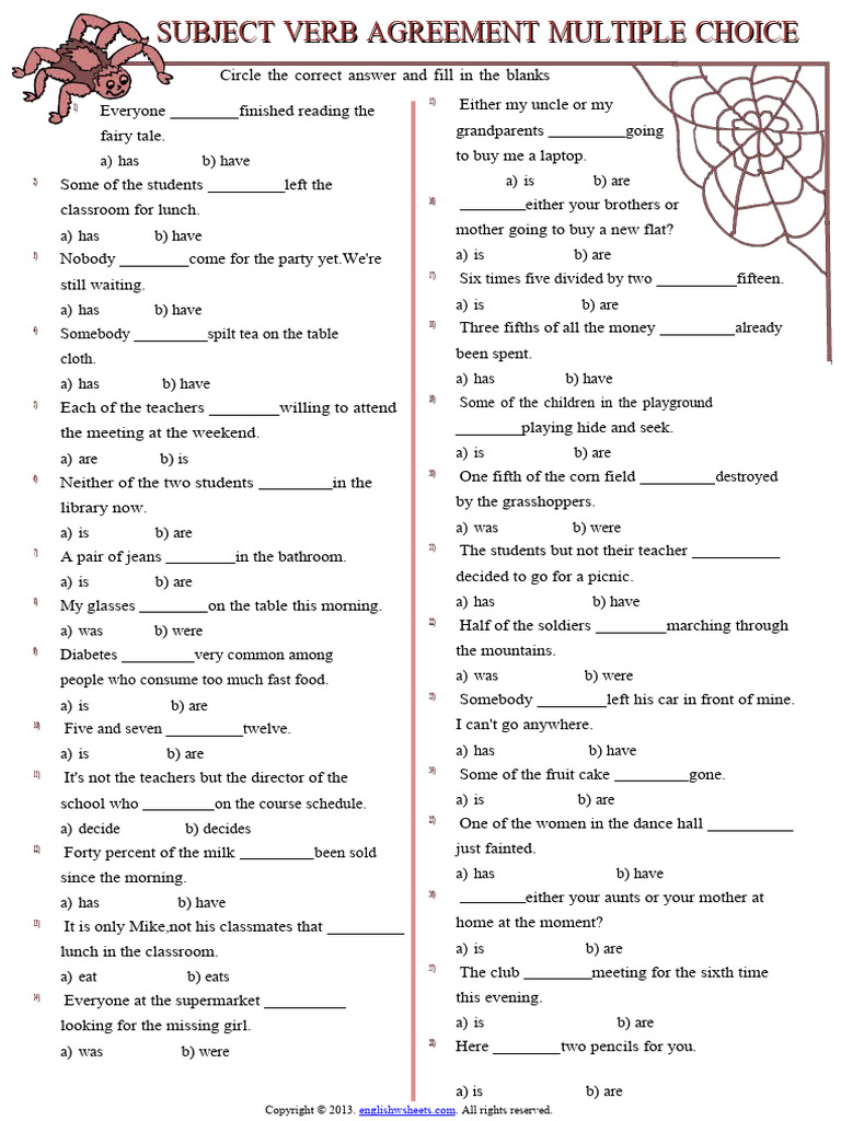 Subject Verb Agreement Multiple Choice Exercises Worksheet | PDF