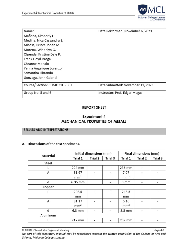 Experiment 4 Data Sheet 2 Group 5 and 6 | PDF | Deformation (Engineering) | Yield (Engineering)